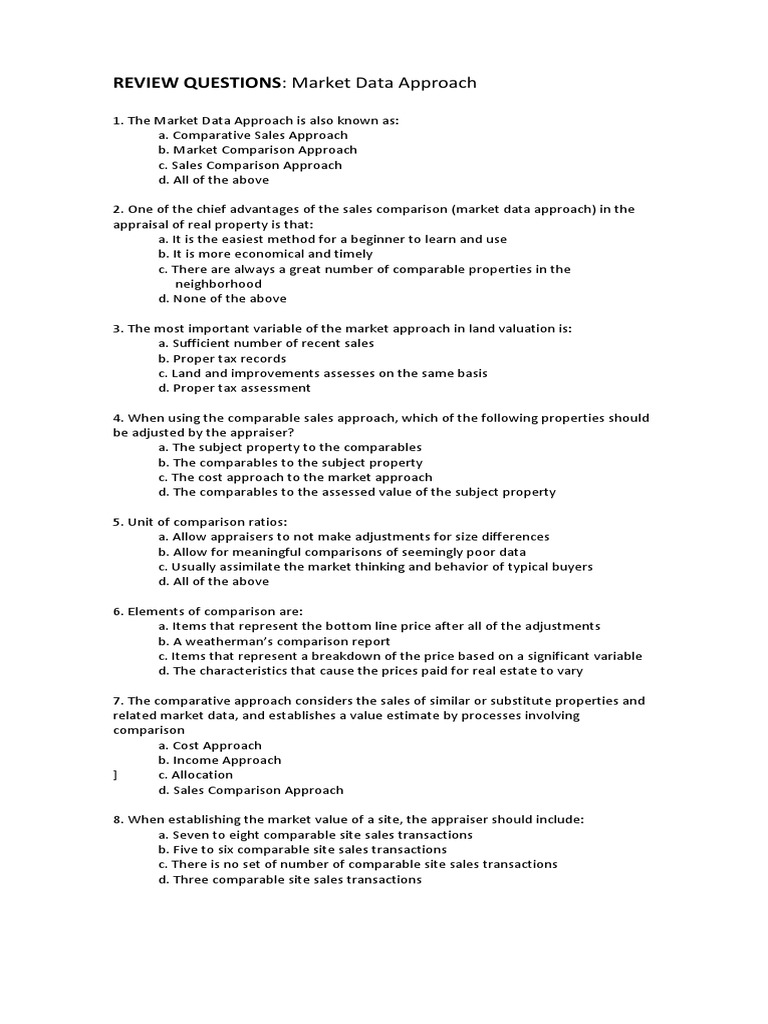 Review Questions-Market Data Approach | PDF | Real Estate Appraisal ...
