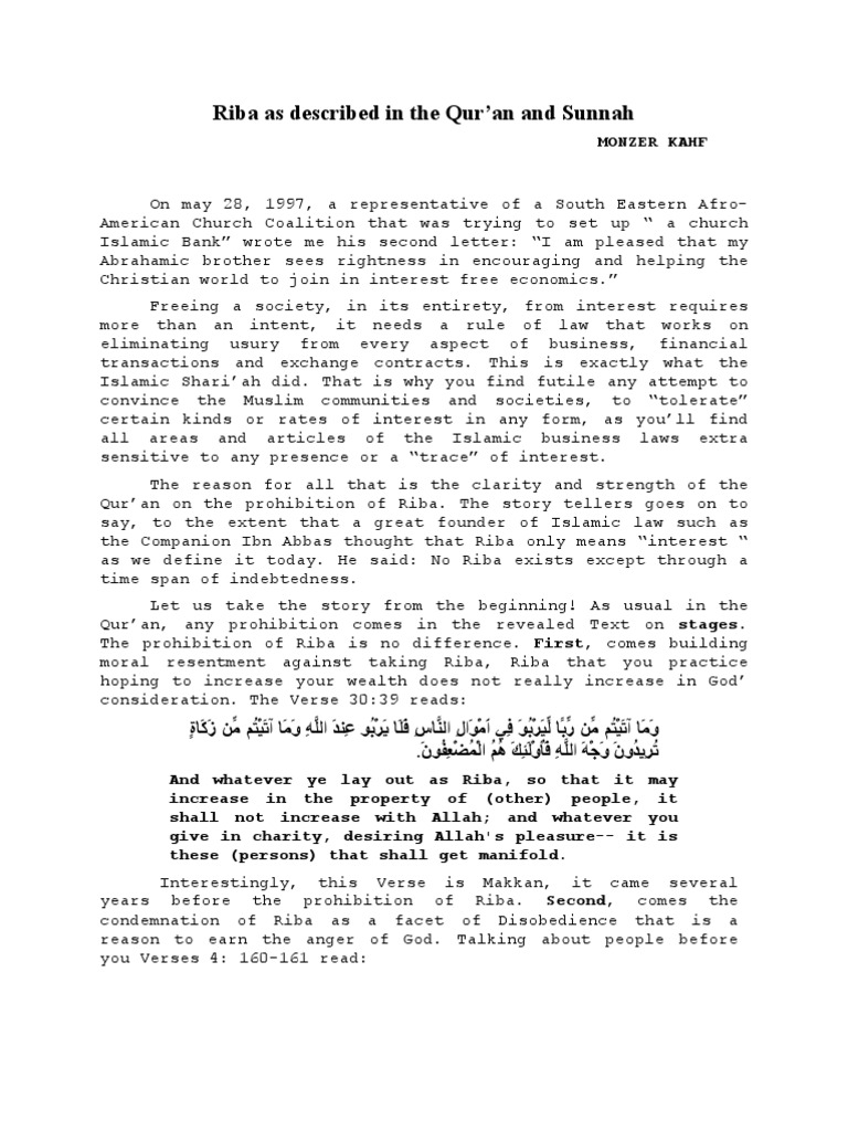 Riba As Per Quran and Sunnah by Monzer Kahaf | PDF | Hadith | Quran