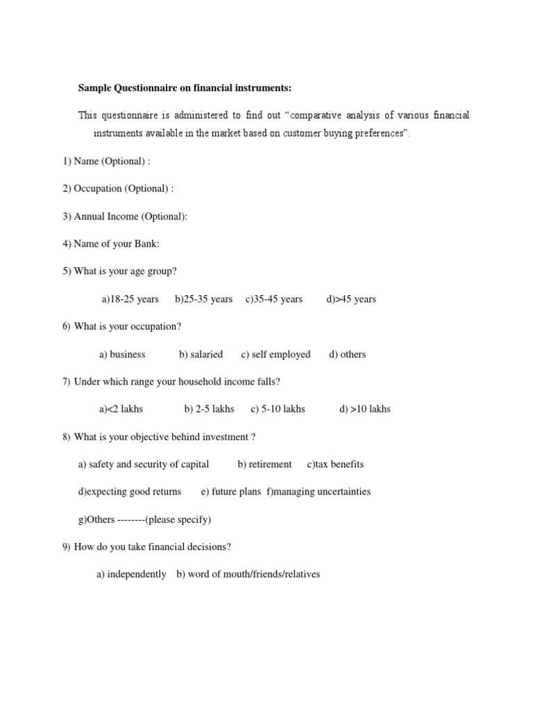 Sample Questionnaire On Financial Instruments | PDF | Mutual Funds ...