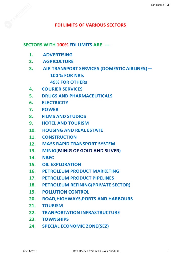 Fdi Limits of Various Sectors | PDF | Foreign Direct Investment | Transport