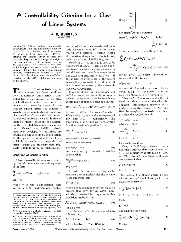 A Controllability Criterion For A Class of Linear Systems | PDF ...