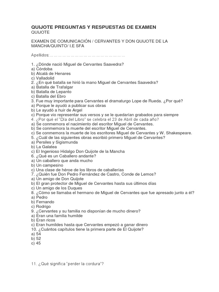 Quijote Preguntas y Respuestas de Examen | PDF | Miguel De Cervantes ...