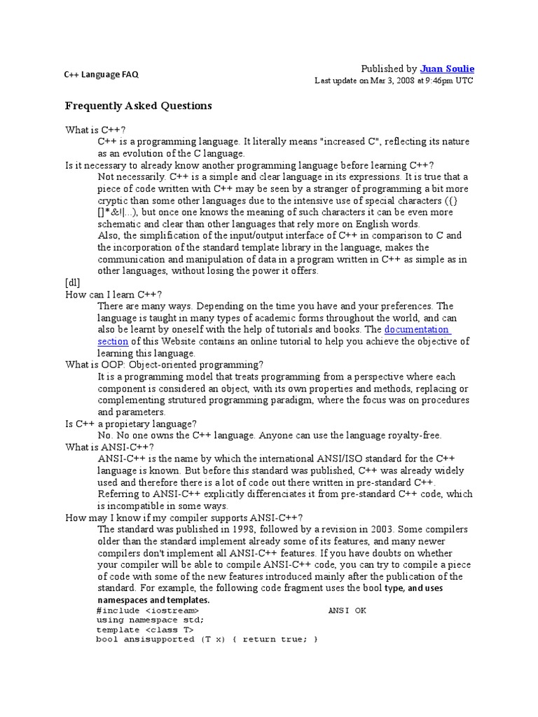 Frequently Asked Questions: C++ Language FAQ | PDF | C++ | C ...