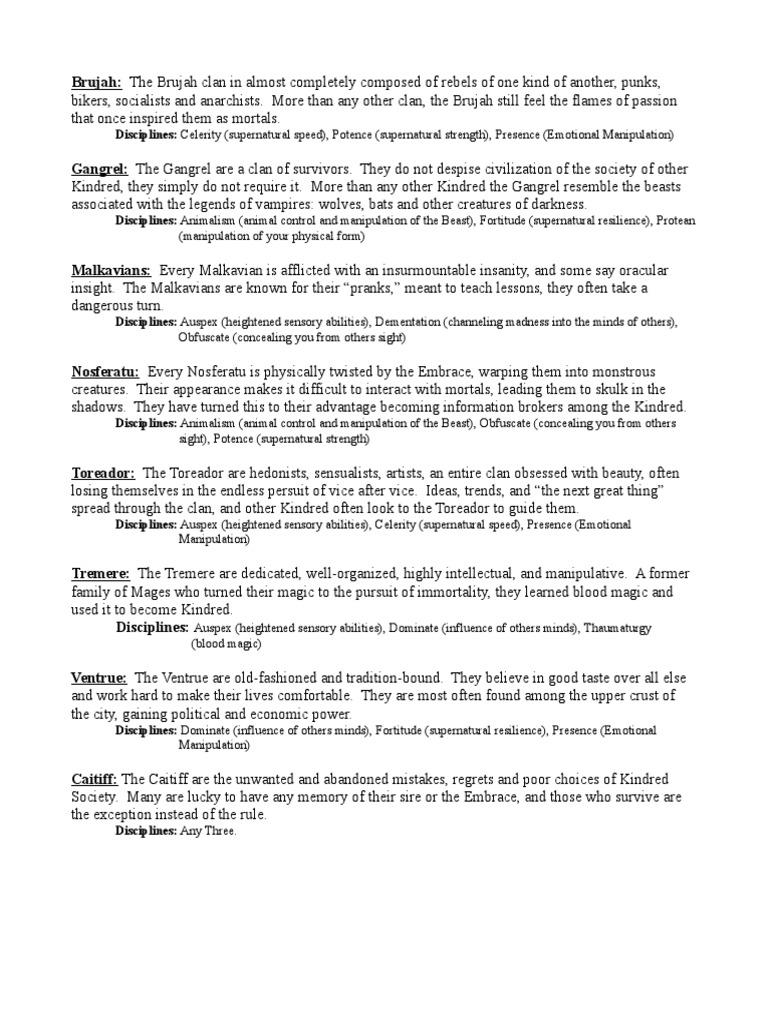 Clan Descriptions | PDF | Horror Fiction | Vampires