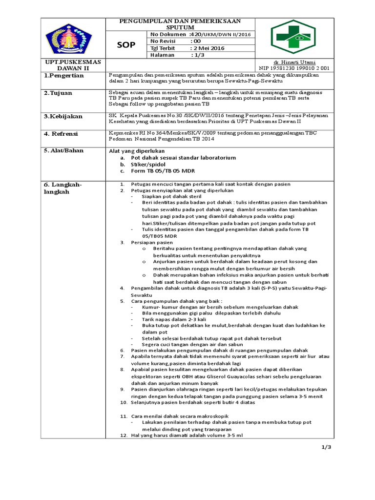 SOP Pengambilan dan Pemeriksaan Sputum | PDF | Kesehatan Holistik
