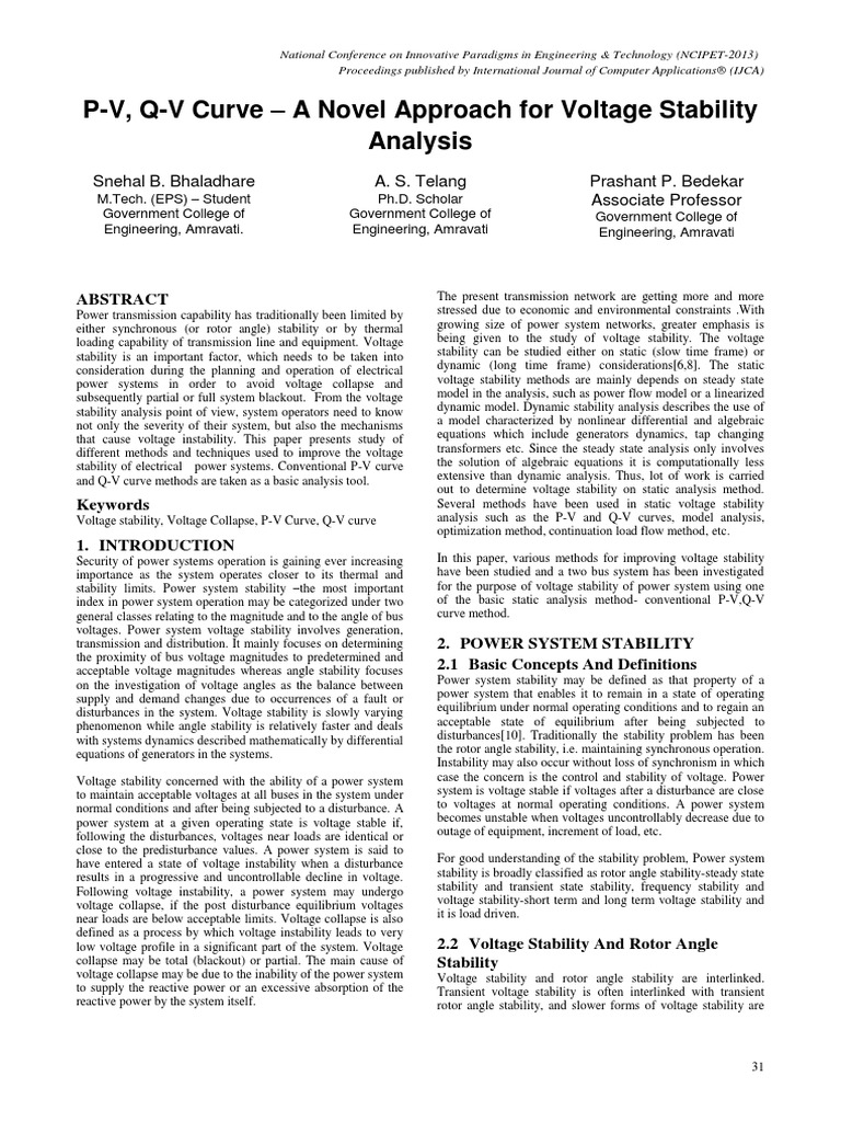 P V Q V Curve A Novel Approach For Voltage Stability Analysis PDF | PDF ...