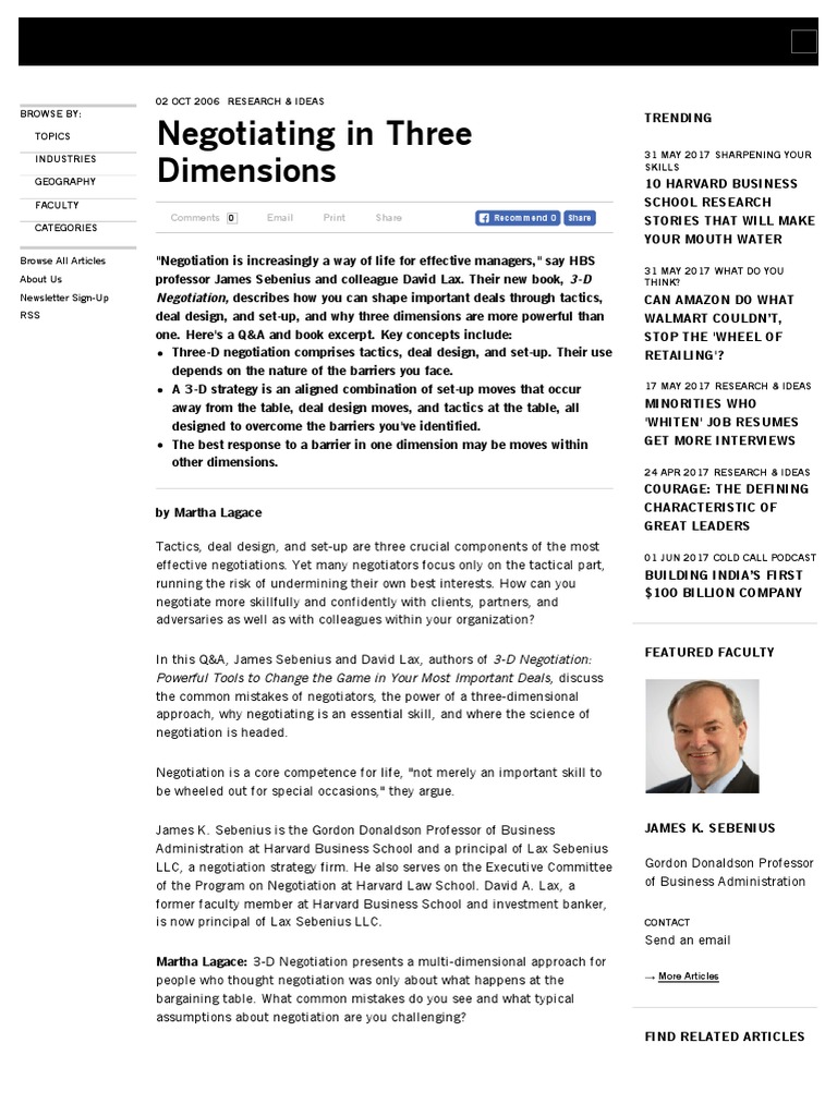 Negotiating in Three Dimensions - HBS Working Knowledge - Harvard ...