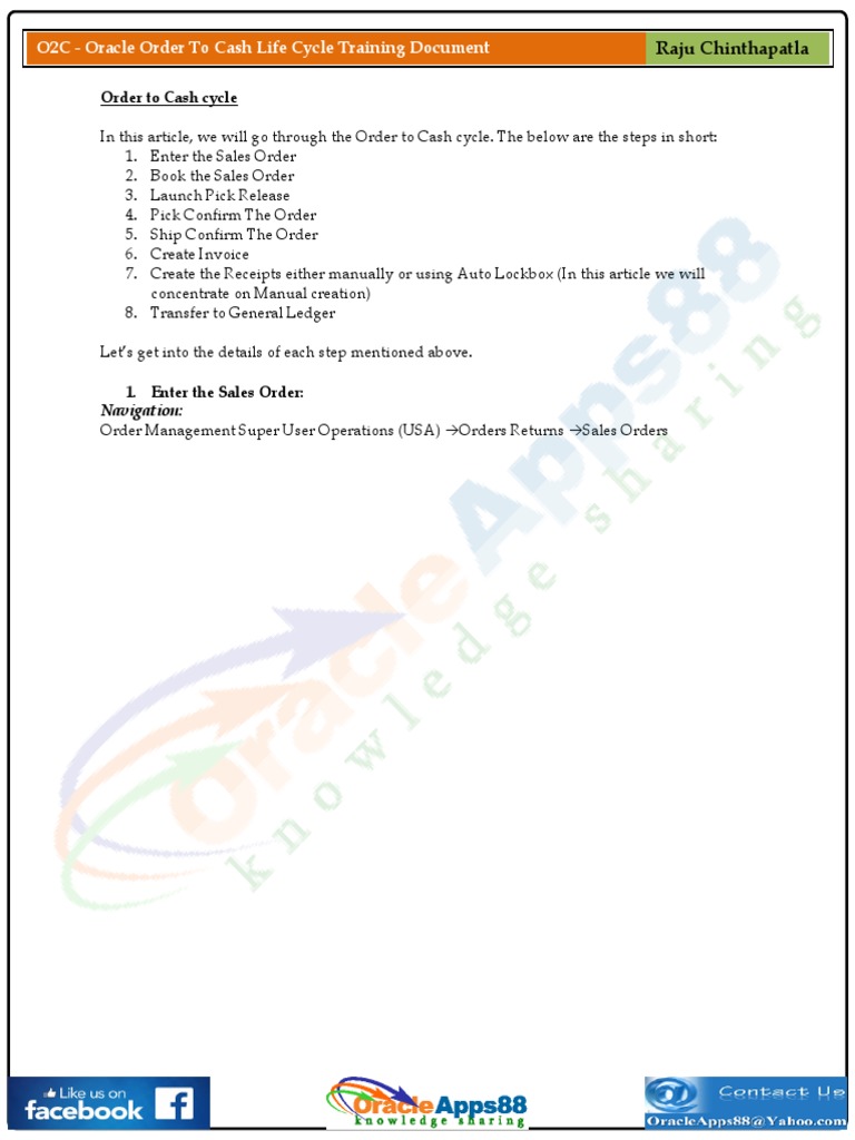O2c Oracle Order To Cash Life Cycle Training Document Raju Pdf