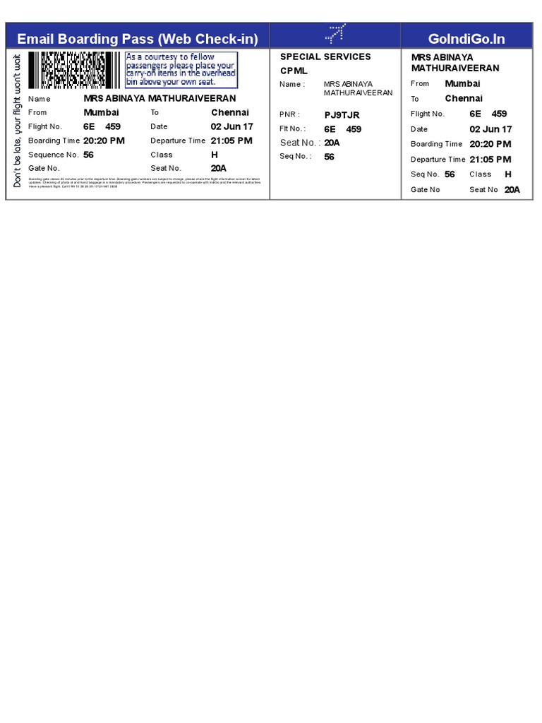 Email Boarding Pass (Web Check In) Goindigo - in | PDF | Aviation