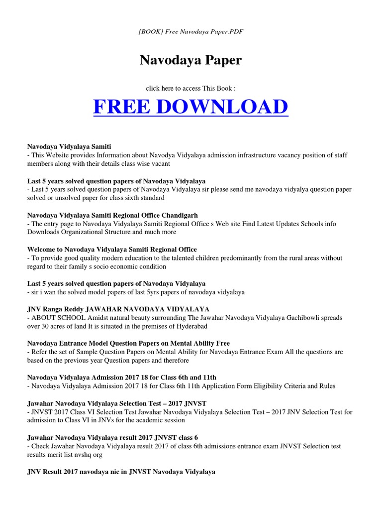 Free Download: Navodaya Paper | PDF | Educational Institutions ...