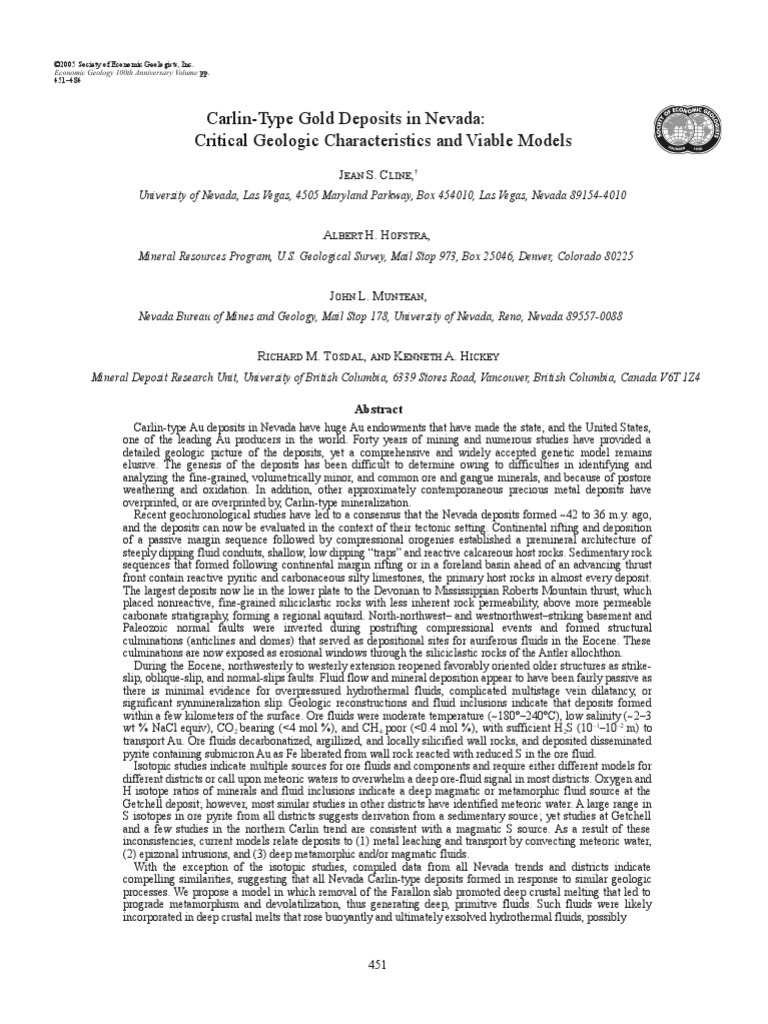 Carlin-Type Gold Deposits in Nevada: Critical Geologic Characteristics ...