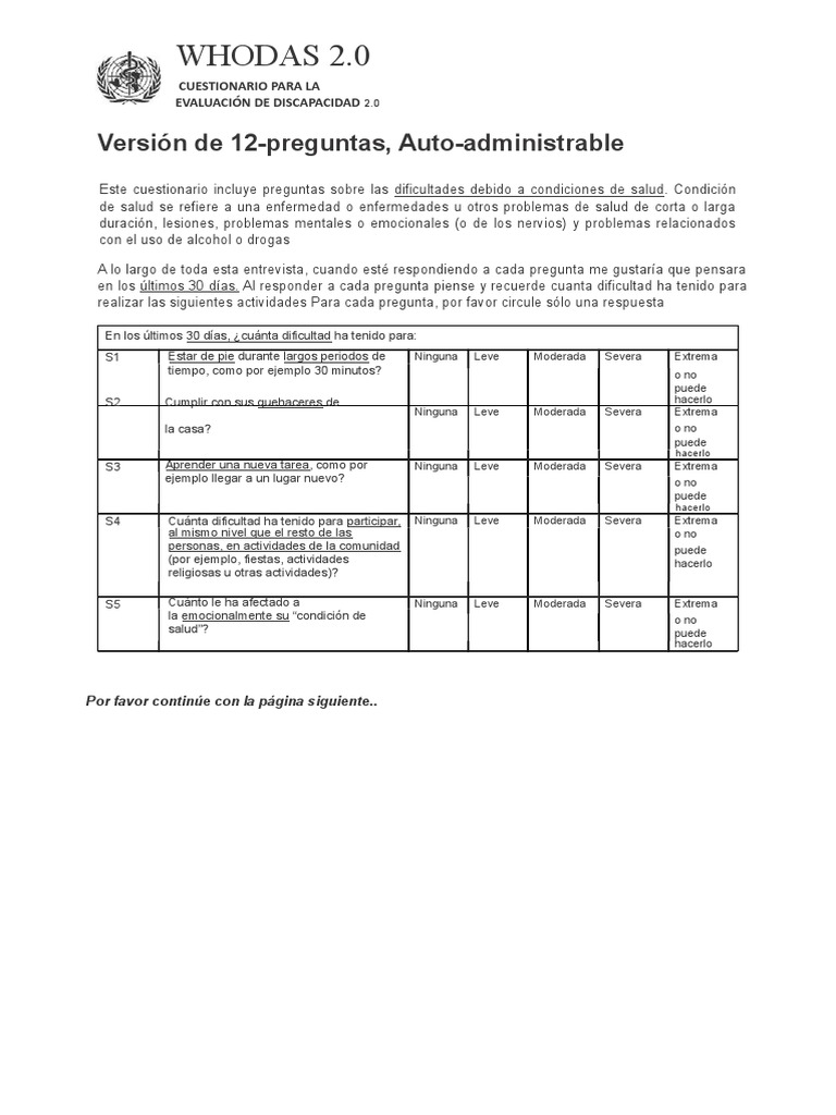 Whodas 2.0 12 Items Self Spanish | PDF | Cuestionario | Medicina CLINICA