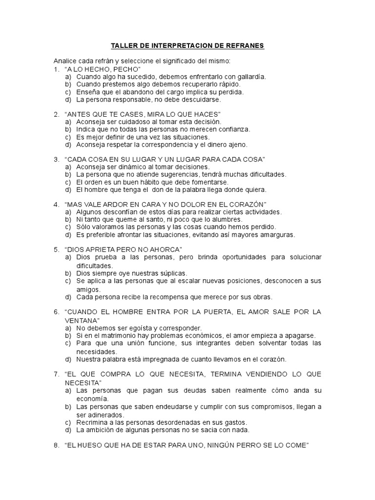 Taller de Interpretacion de Refranes | PDF | Amor