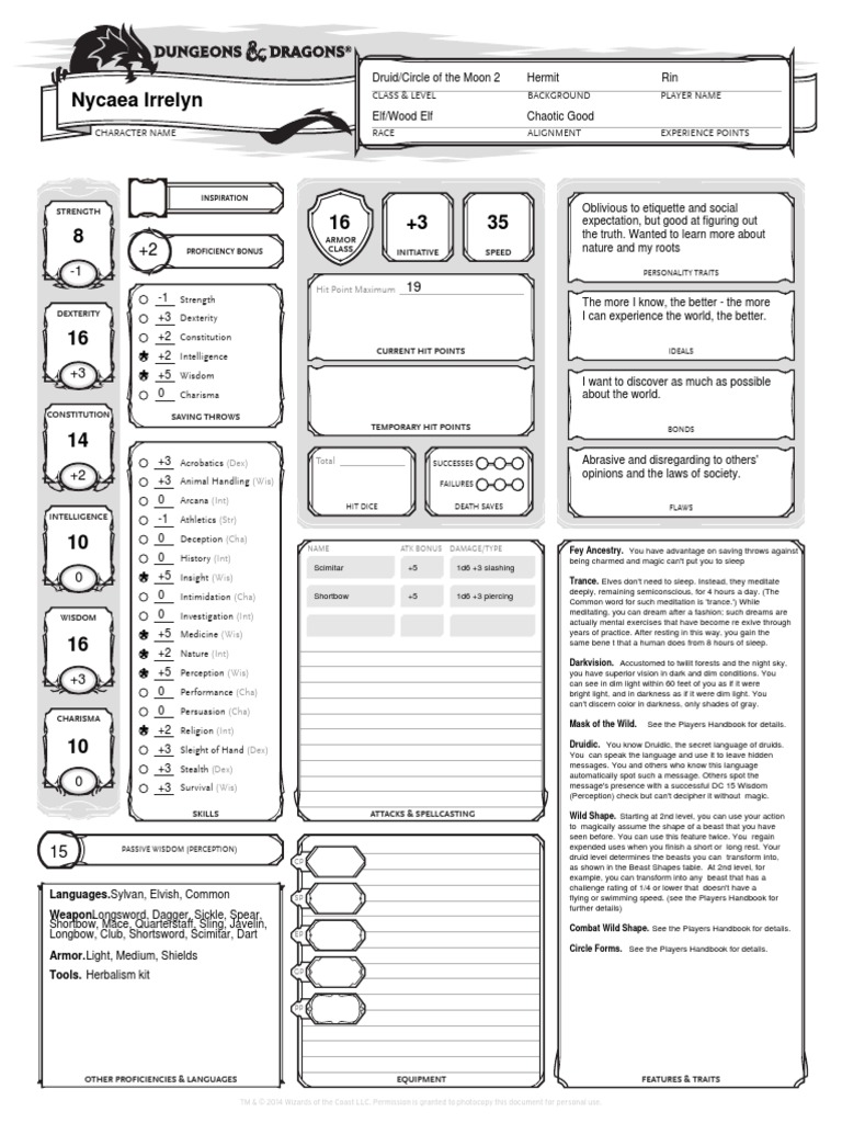 Nyla Irrelyn Lv2 Moon Druid | PDF | Elf (Dungeons & Dragons) | Leisure