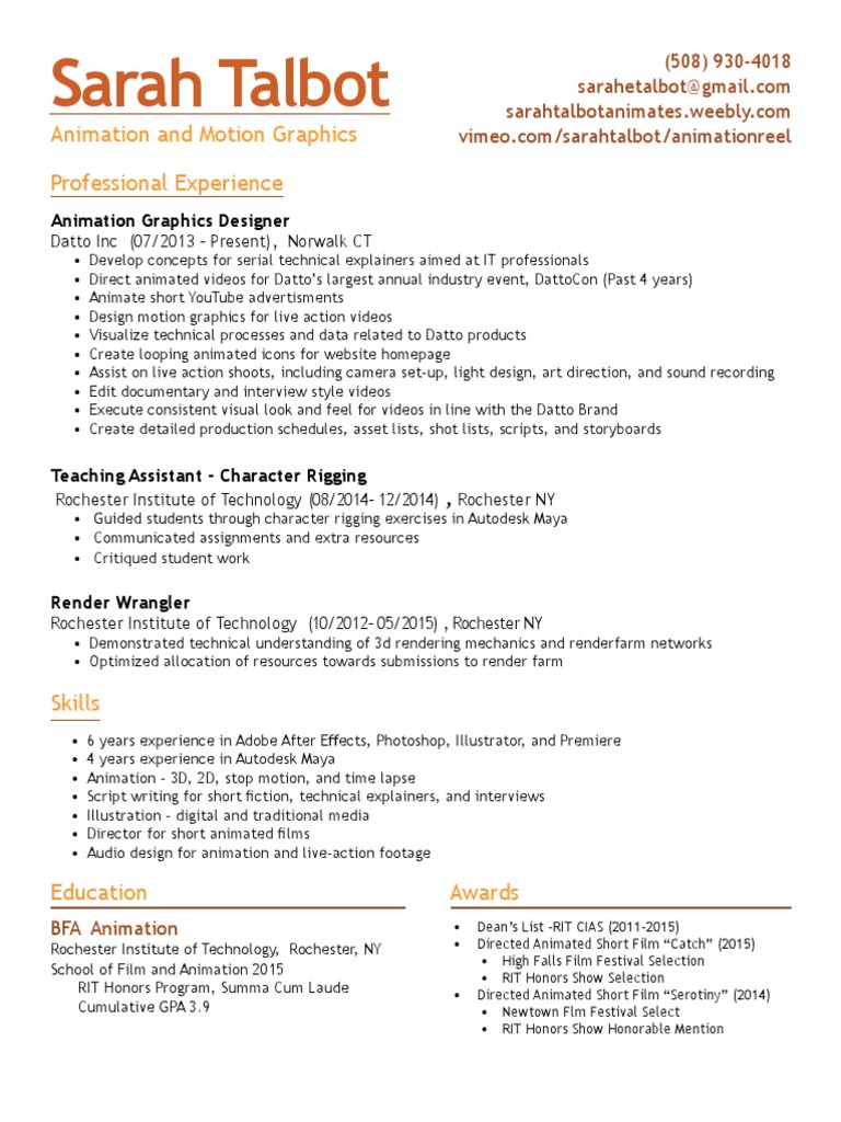 Talbot Sarah Resume | PDF | Animation | Graphics