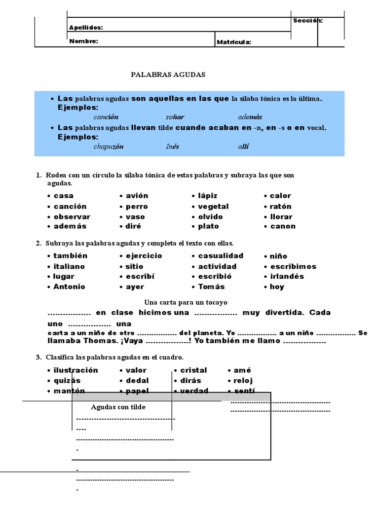 Acentuación de palabras agudas: Clasificación y ejercicios prácticos de ...
