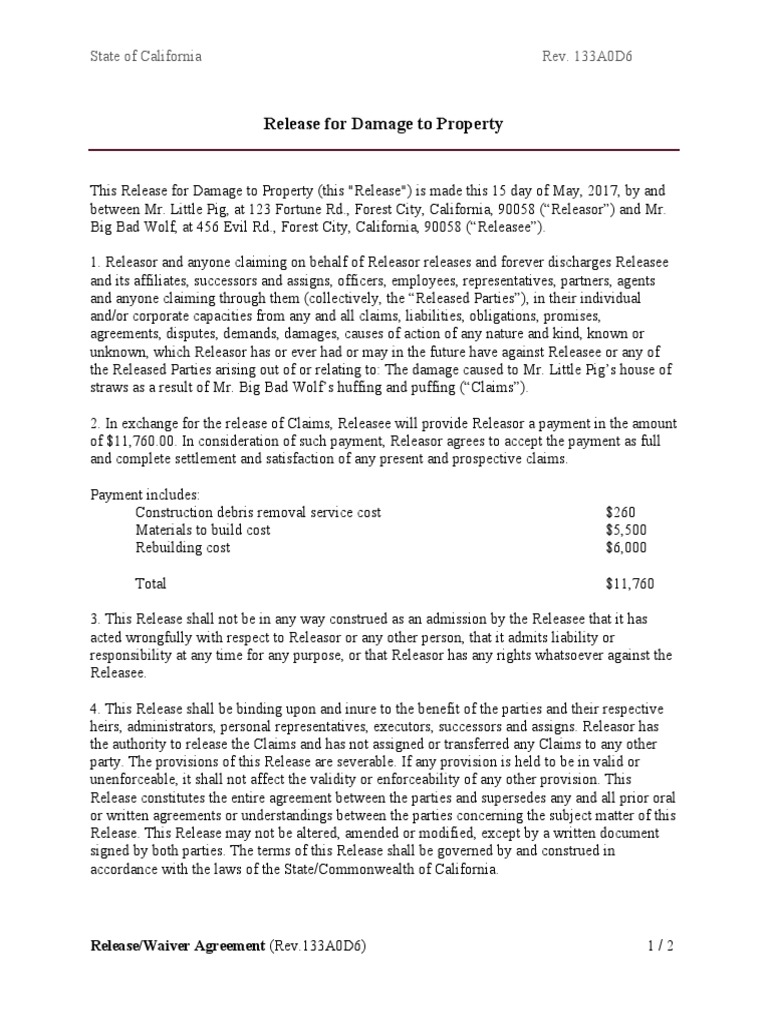 Property Damage Settlement Release | PDF | Consideration | Civil Law ...