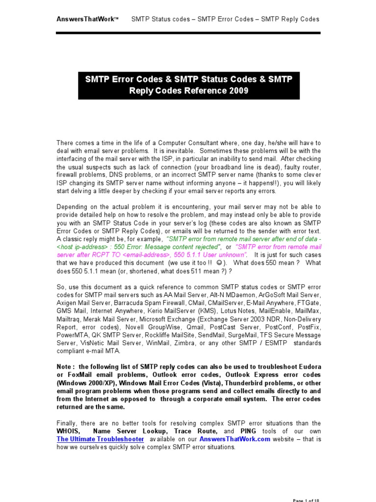 SMTP Server Status and Error Codes | PDF | Email Address | Domain Name ...