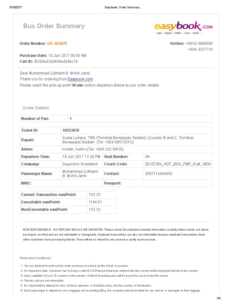 Easybook Order Summary PDF | PDF | Bus | Ticket (Admission)