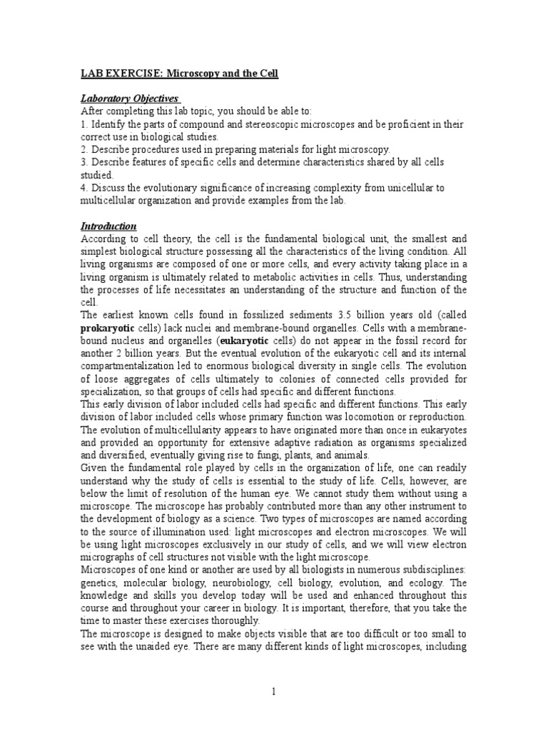 Laboratory Objectives: LAB EXERCISE: Microscopy and The Cell | PDF ...