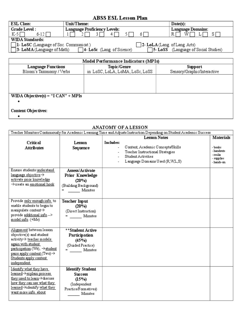 ESL Lesson Plan Framework K-12 | PDF | Lesson Plan | Education Theory