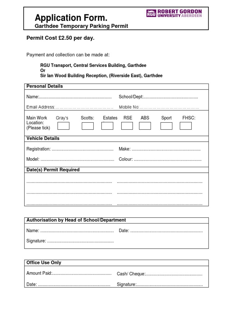 Application Form.: Garthdee Temporary Parking Permit Permit Cost 2.50 ...