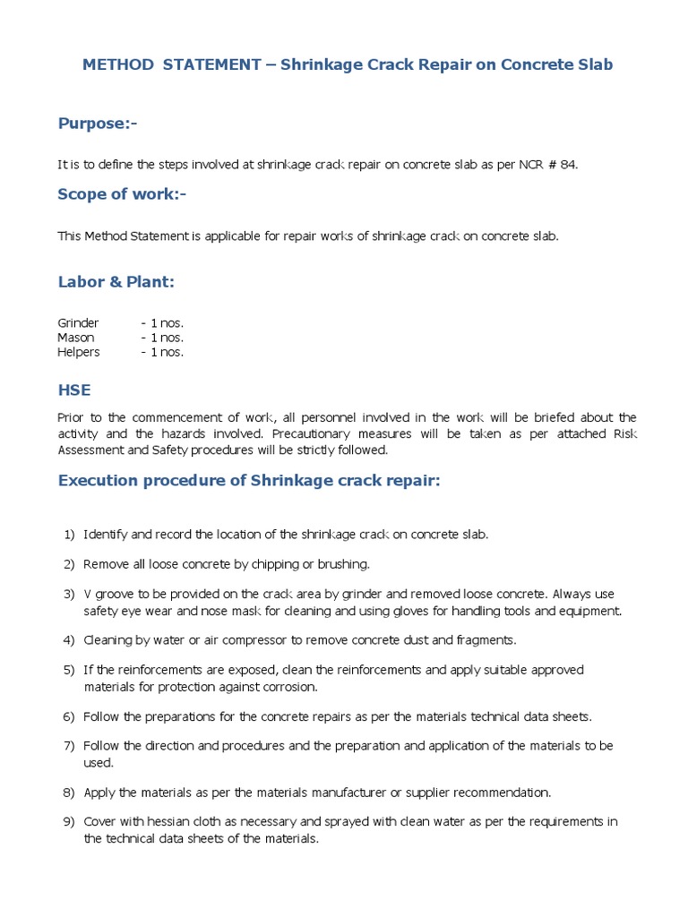 Method Statement For Shrinkage Cracks | PDF