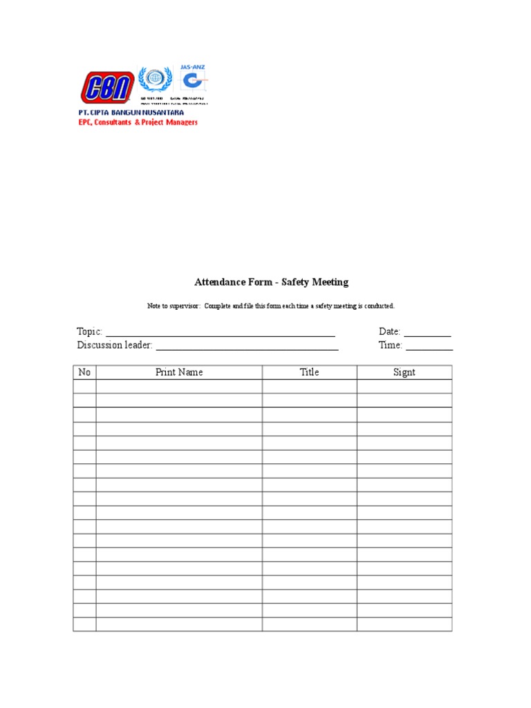 Attendance Form Safety Meeting | PDF
