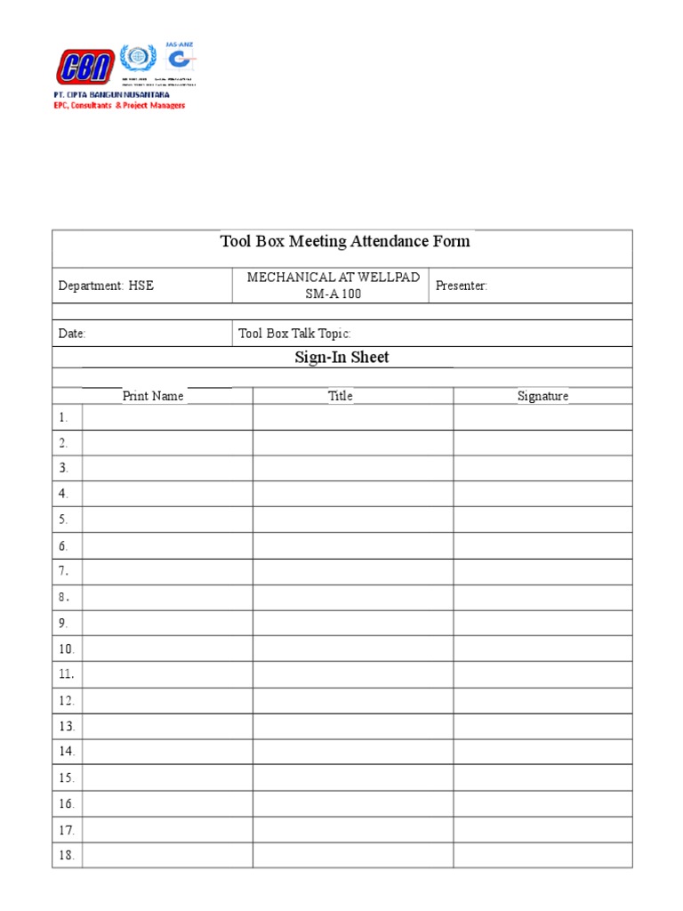 Tool Box Meeting Attendance Form | PDF