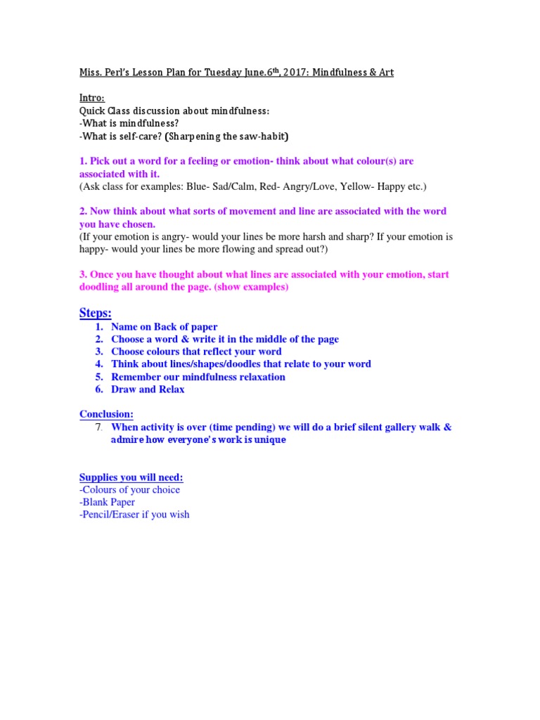 Lesson Plan For Grade 3 Mindfulness Activity | PDF