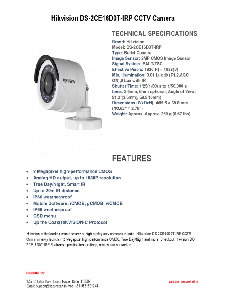 Specifications of Hikvision DS-2CE16D0T-IRP CCTV Camera | PDF | Camera ...
