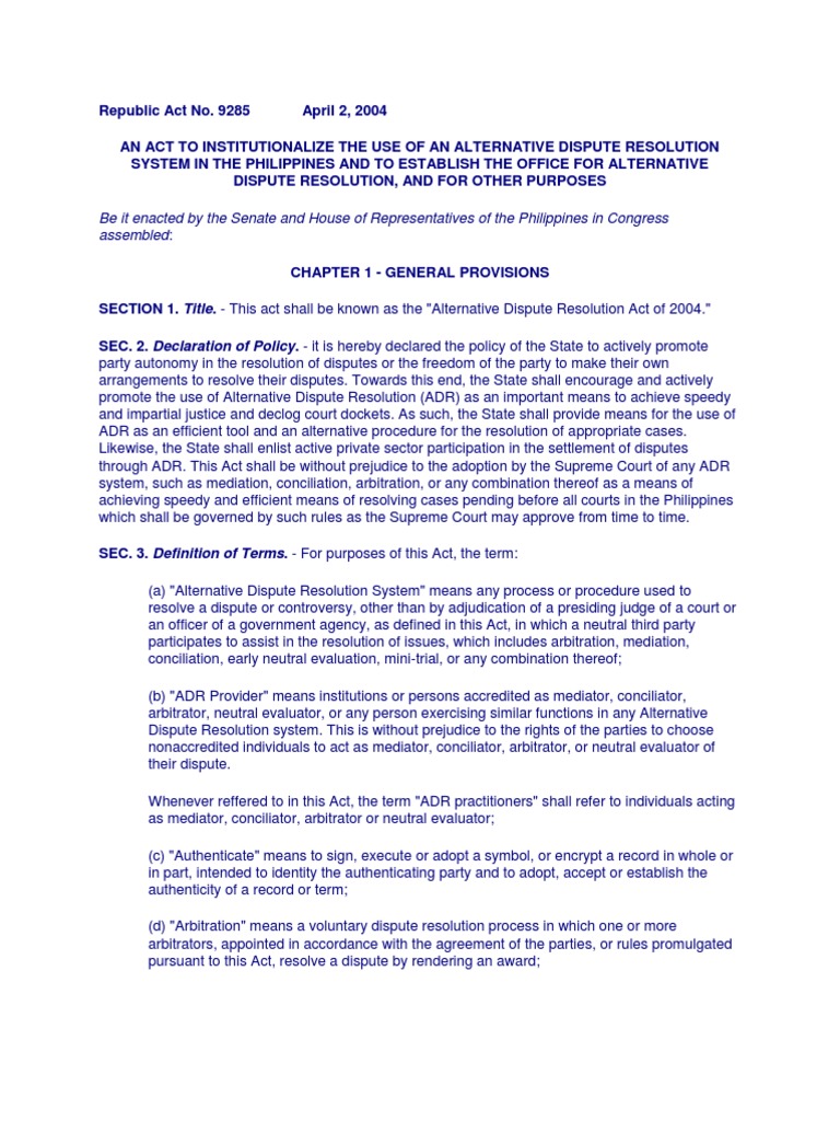 Ra 9285 | PDF | Alternative Dispute Resolution | Arbitral Tribunal