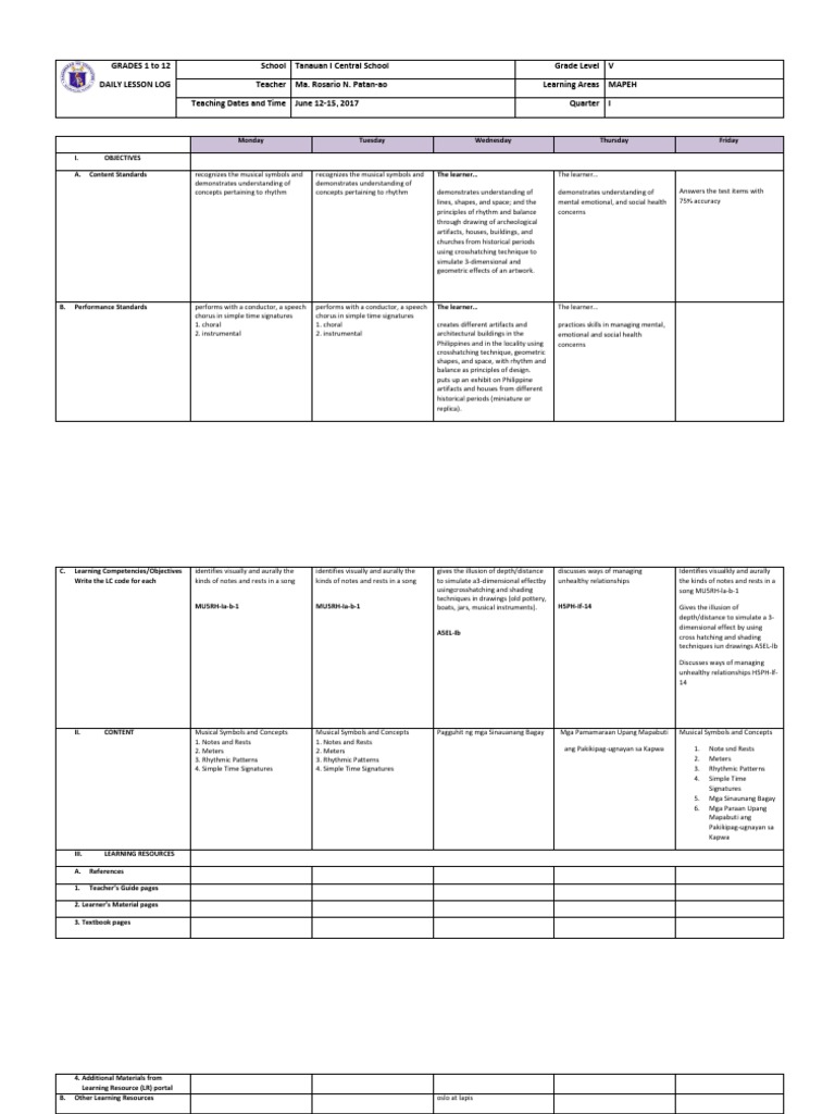 G5 DLL Q1 Week 2 Mapeh | PDF