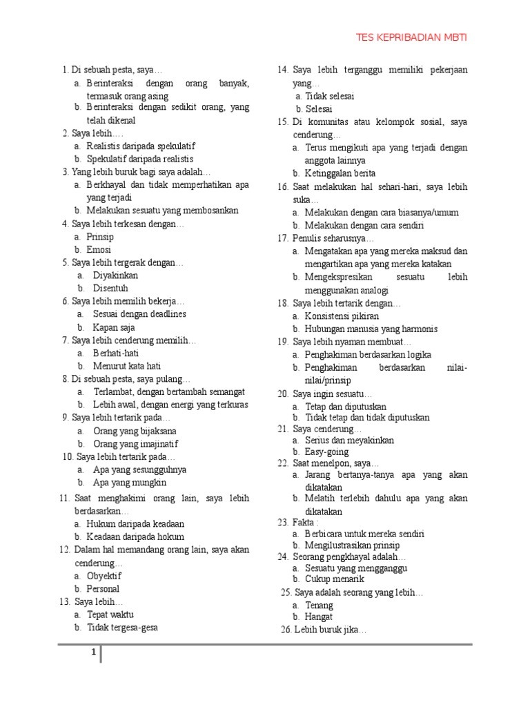 Contoh Soal Tes Kepribadian MBTI | PDF
