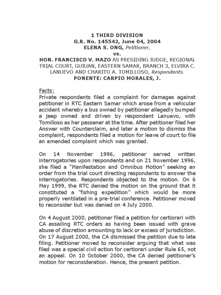 1 Ong Vs Mazo Case Digest Ok | PDF | Discovery (Law) | Certiorari