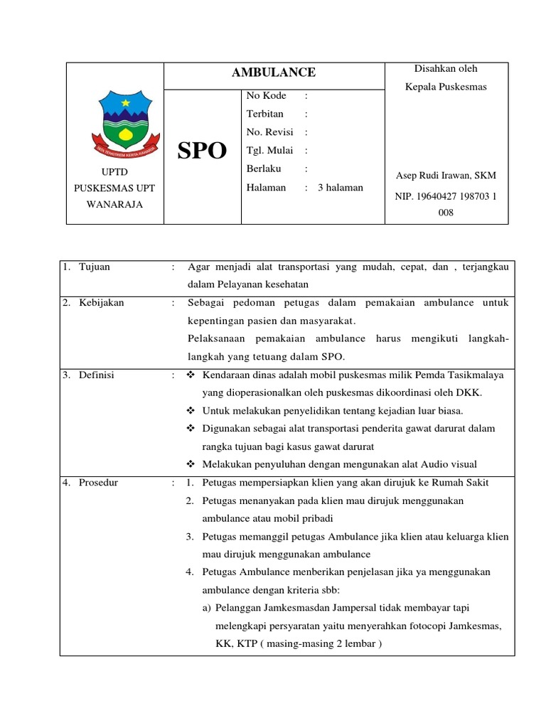 Prosedur Penggunaan Ambulance Puskesmas | PDF