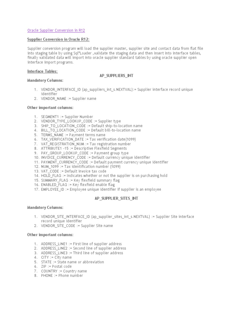 Oracle Supplier Conversion in R12 | PDF | Oracle Database | Fax