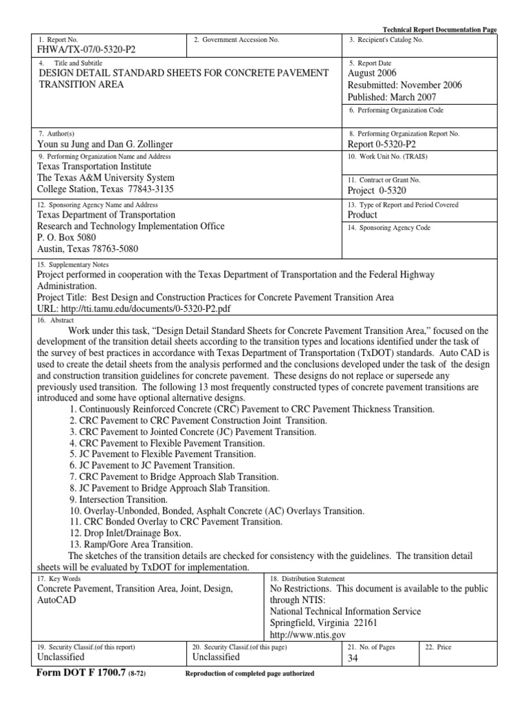Design Detail Standard Sheets For Concrete Pavement Transition Area ...