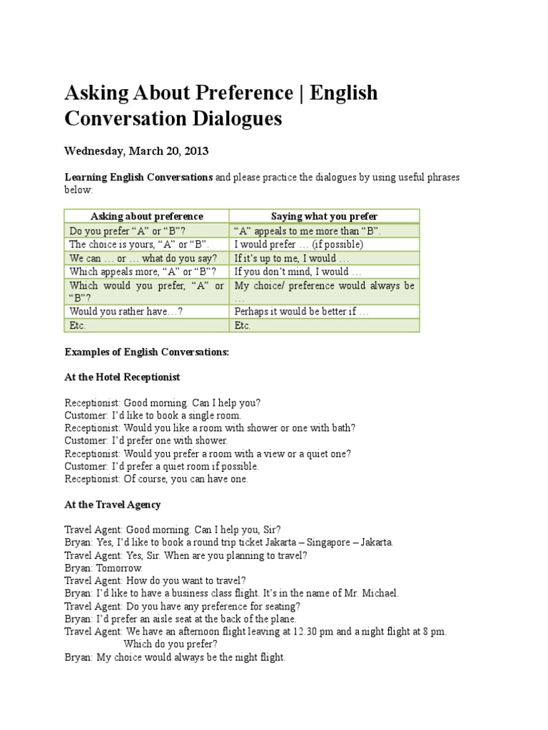 Asking About Preferences: Sample English Conversation Dialogues ...