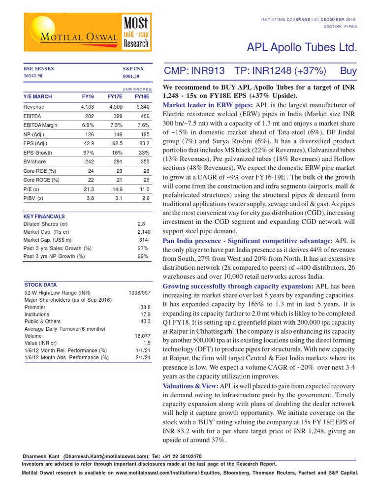 APL Apollo Tubes Motilal Oswal PDF | PDF | Financial Analyst ...
