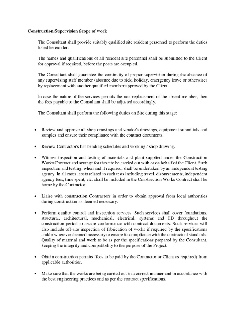 Construction Supervision Scope of Work | PDF | General Contractor | Specification (Technical ...