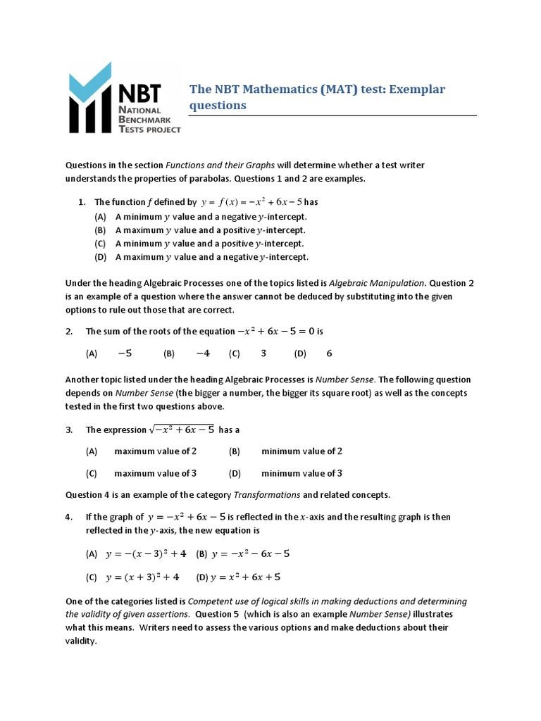 The NBT Mathematics (MAT) Test: Exemplar Questions: Defined by | PDF ...