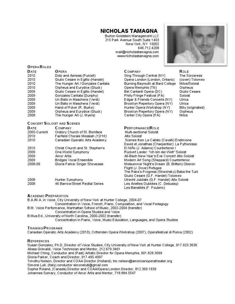 Nicholas Tamagna - Countertenor - Resume | PDF | Opera | Classical Music
