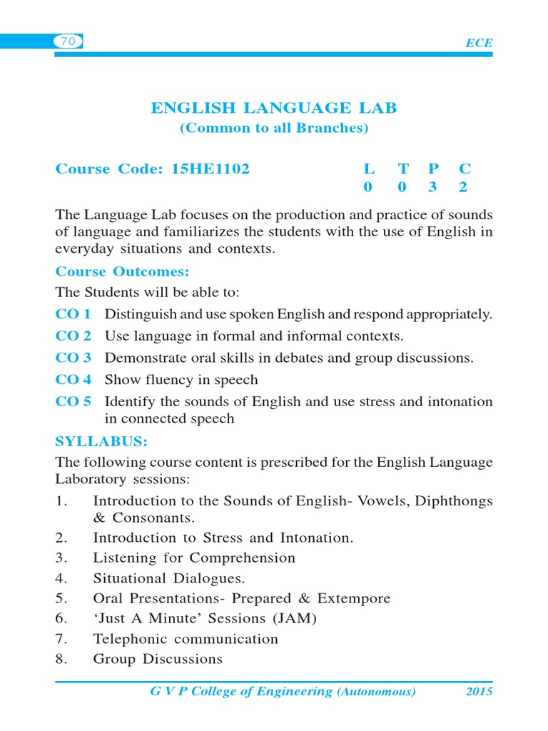English Language Lab: Course Code: 15HE1102 L T P C 0 0 3 2 | PDF