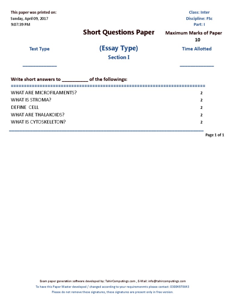 Short Questions Paper: (Essay Type) | PDF