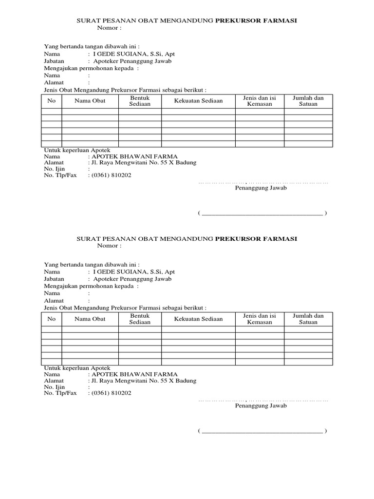 SURAT PESANAN OBAT MENGANDUNG PREKURSOR FARMASI DR Pur | PDF