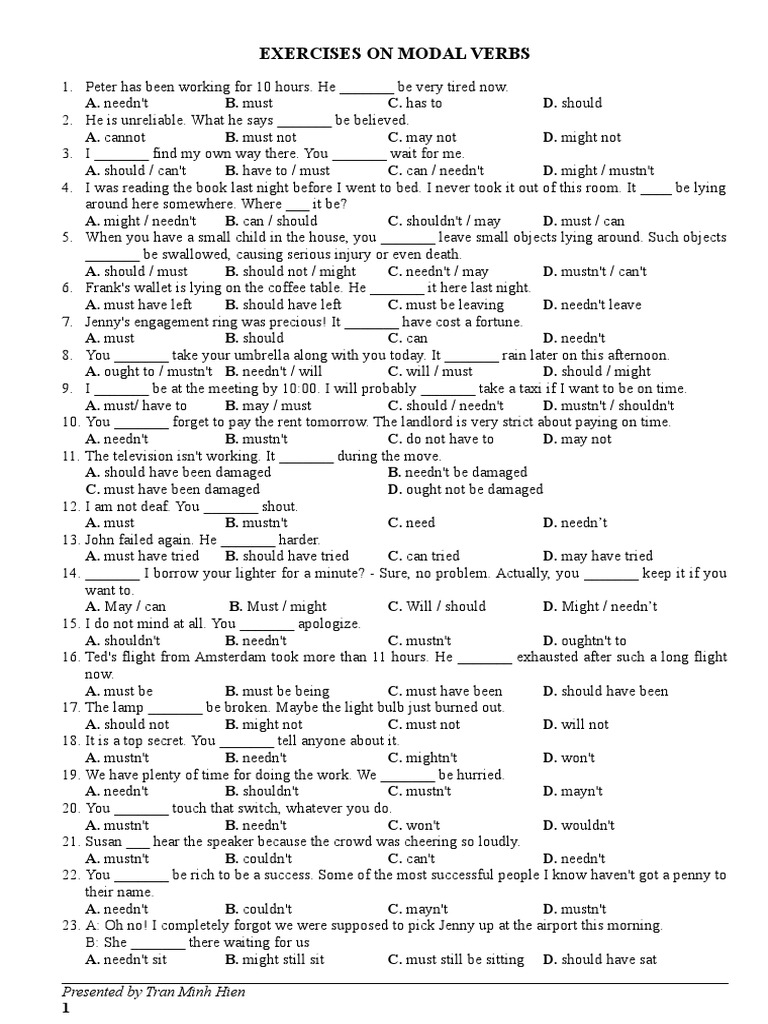 Modal Verbs Exercise Key: Exploring the Uses and Meanings of Modal ...