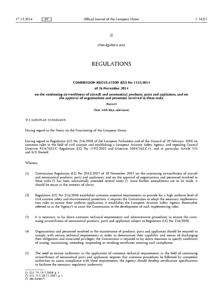 Regulation 1321 2014 On The Continuing Airworthiness of Aircraft en PDF ...