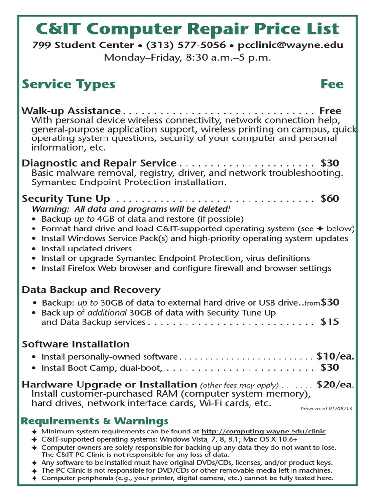 C&IT Computer Repair Price List: Service Types Fee | Download Free PDF ...