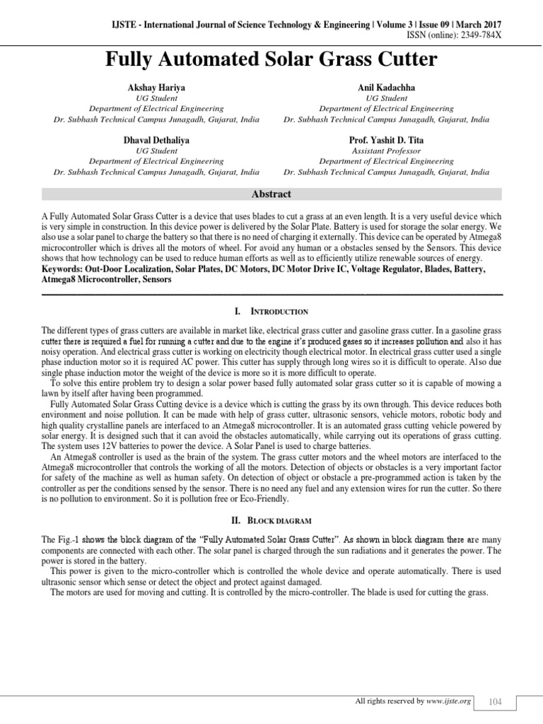 Fully Automated Solar Grass Cutter | PDF | Electric Motor | Microcontroller